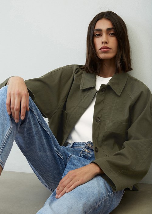 Overshirt jacket, cropped made of peached organic cotton twill - green ...