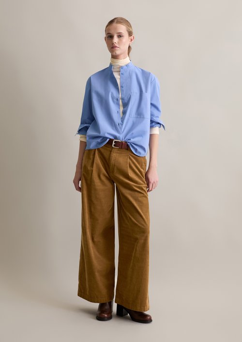 Relaxed stand-up collar blouse made from soft poplin - blue | Long ...