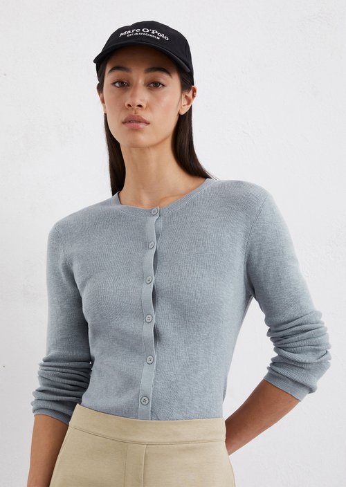 Fine knit cardigan slim made from cotton-linen slub yarn - blue ...