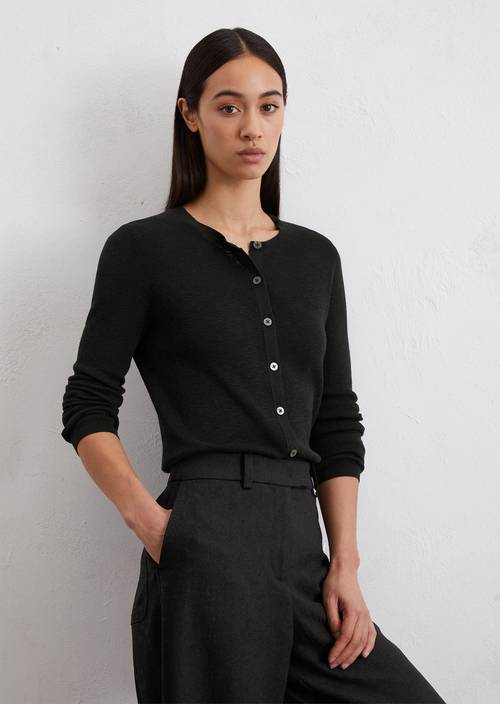 Fine knit cardigan slim made from cotton-linen slub yarn - black | Fine ...