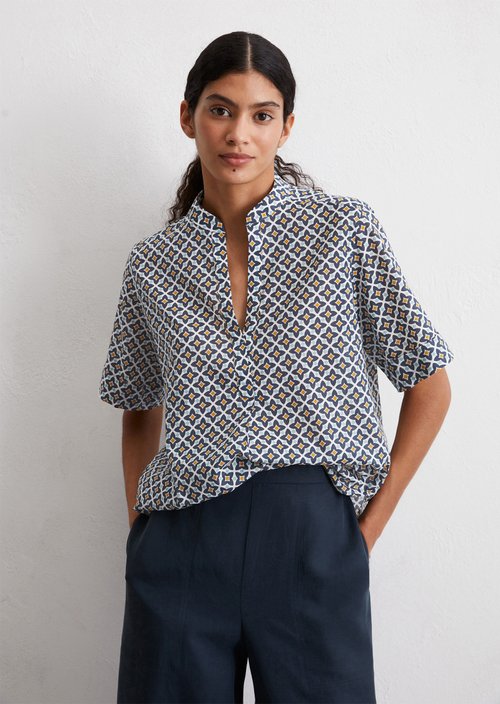 Regular patterned tunic blouse made of lightweight cotton voile - blue ...