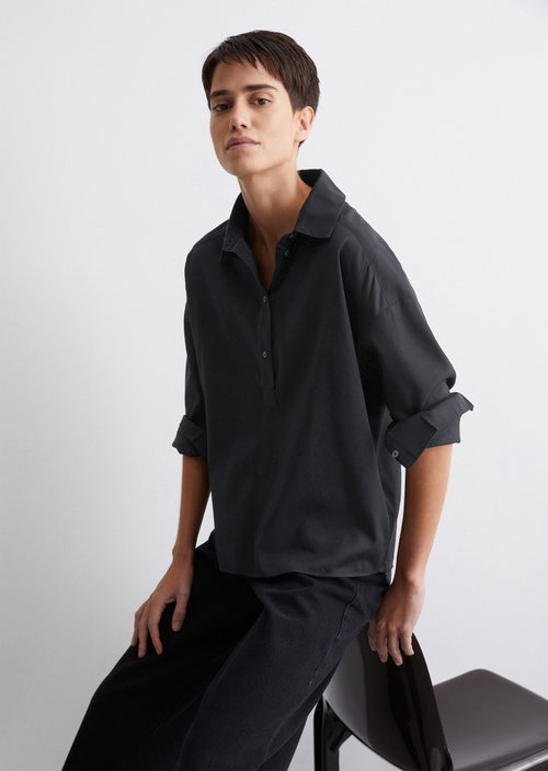 Relaxed blouse made from cotton satin - blue | Long-sleeve blouses ...