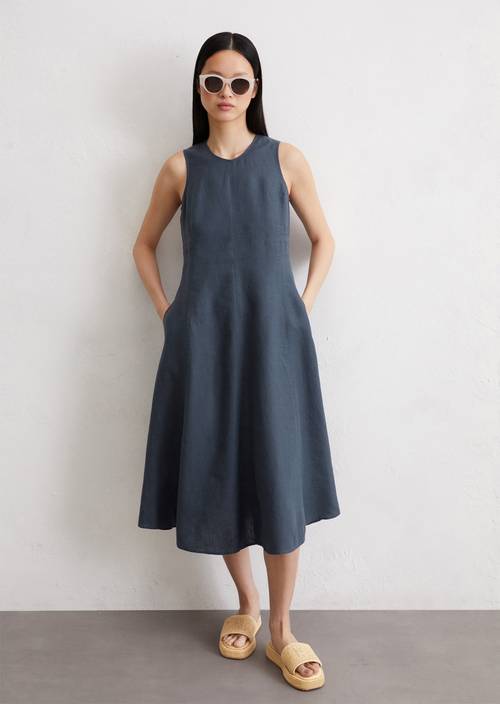 Sleeveless linen dress shaped A-line cut - blue | Midi dresses | MARC O ...