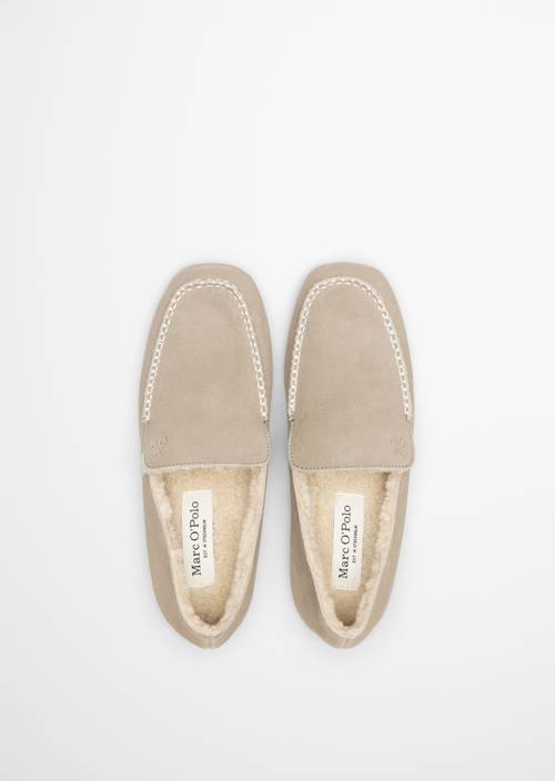Leather slippers with teddy fur lining - brown | Shoes | MARC O’POLO